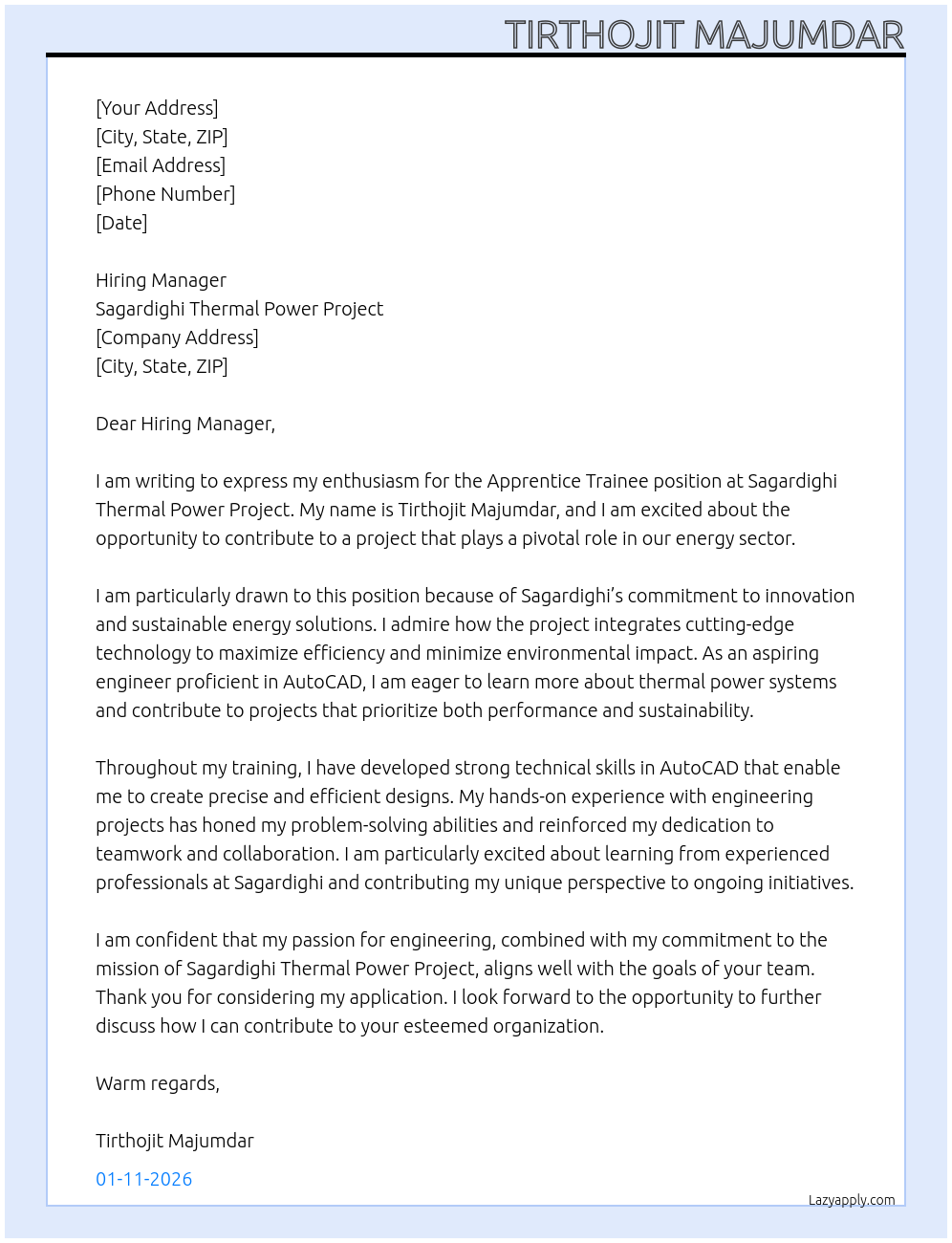 Cover letter for apprentice trainee - LazyApply