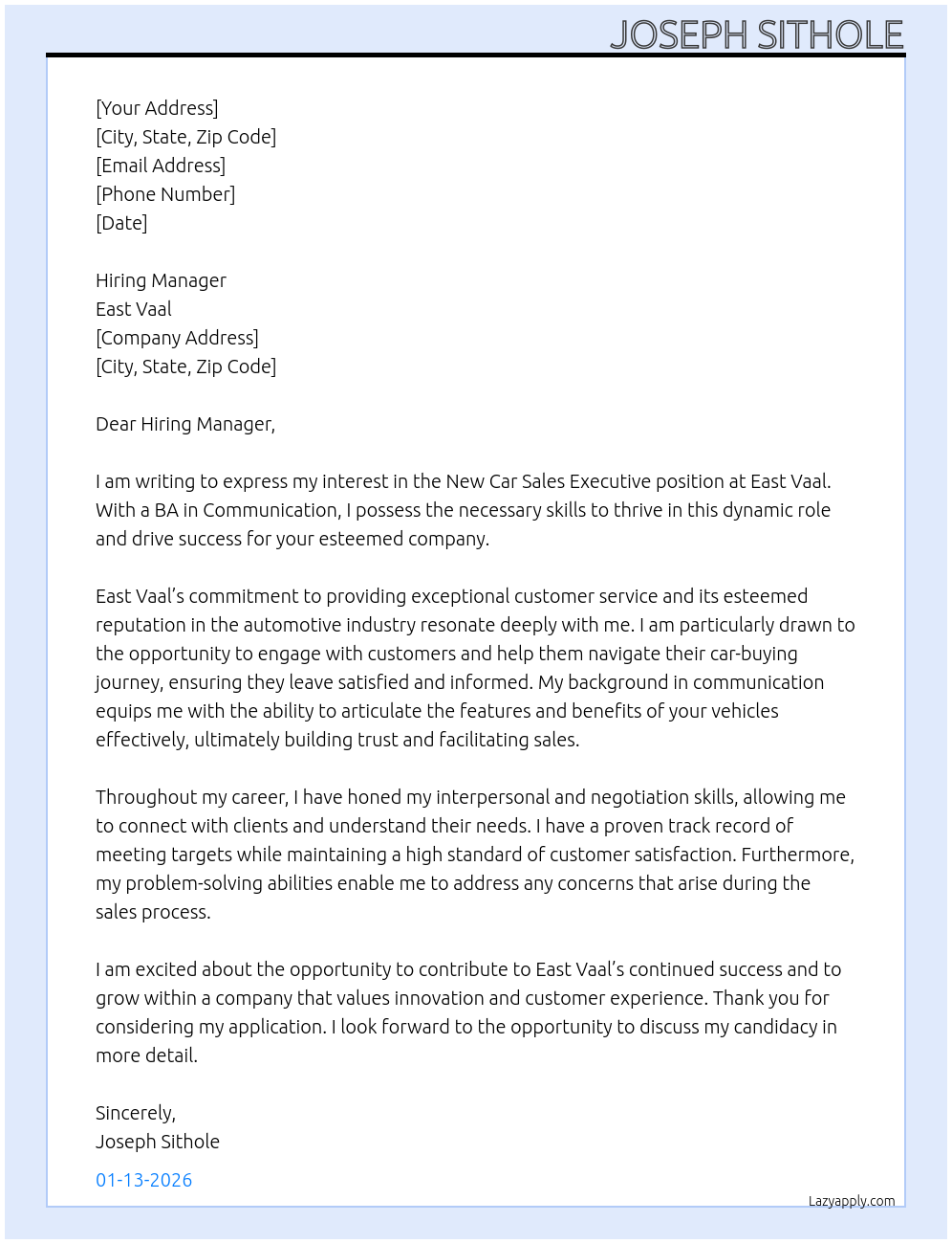 Cover letter for new car sale executive - LazyApply