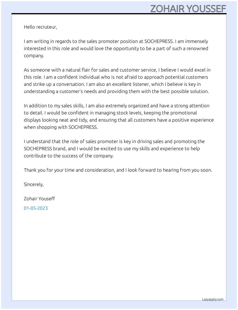Cover Letter For Sales Promoter LazyApply