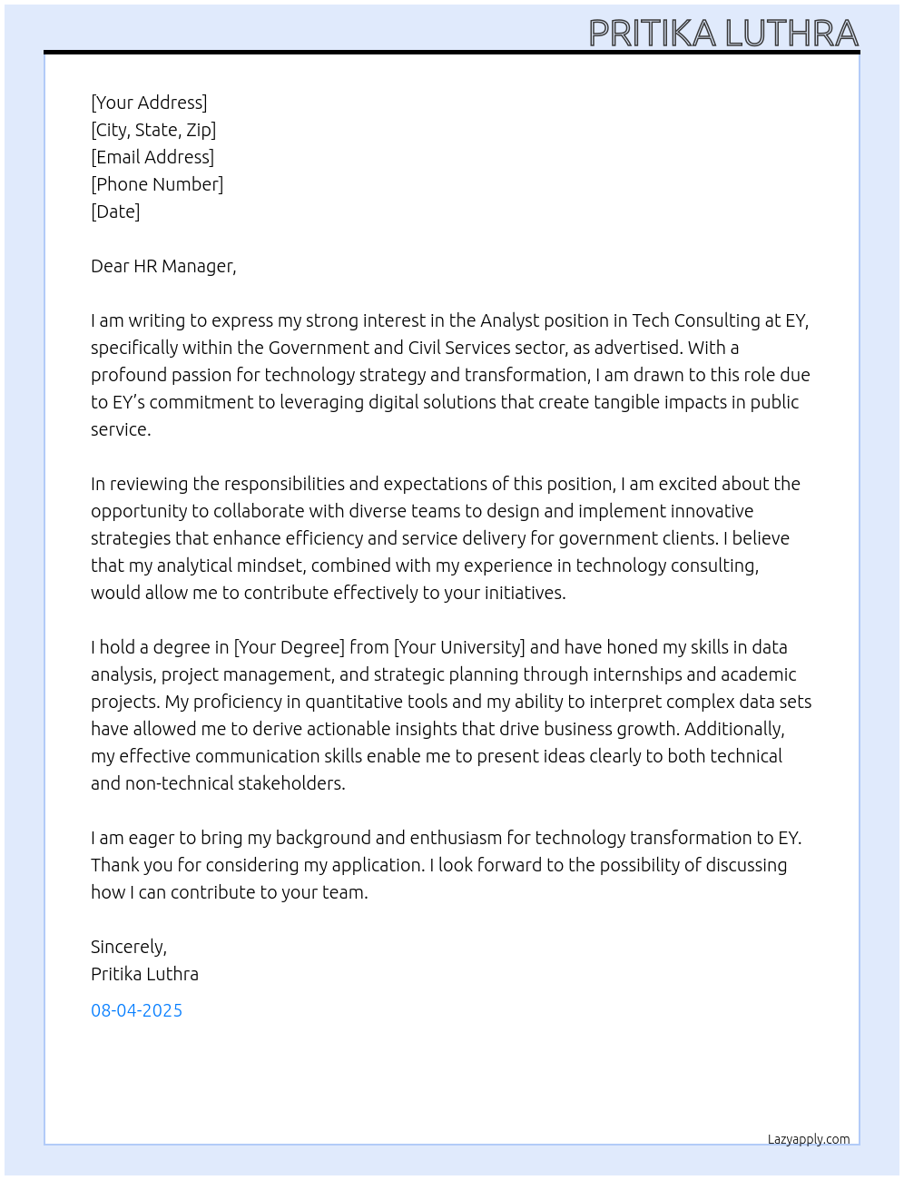 Cover letter for analyst - tech consulting - gov - cns - tc - technology strategy ...