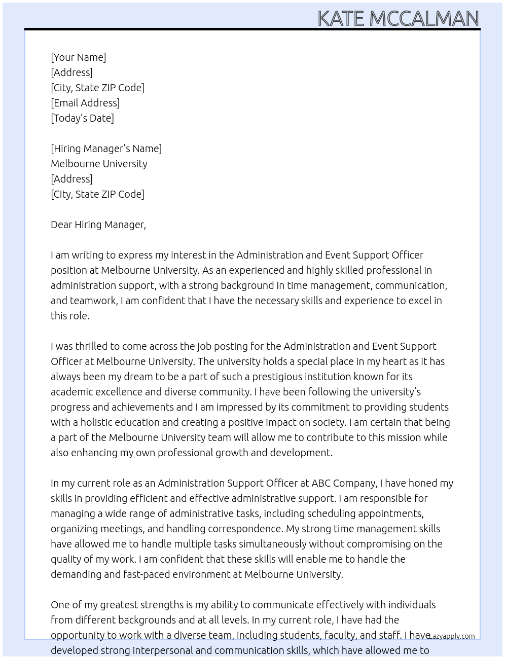 Cover letter for administration and event support officer - LazyApply
