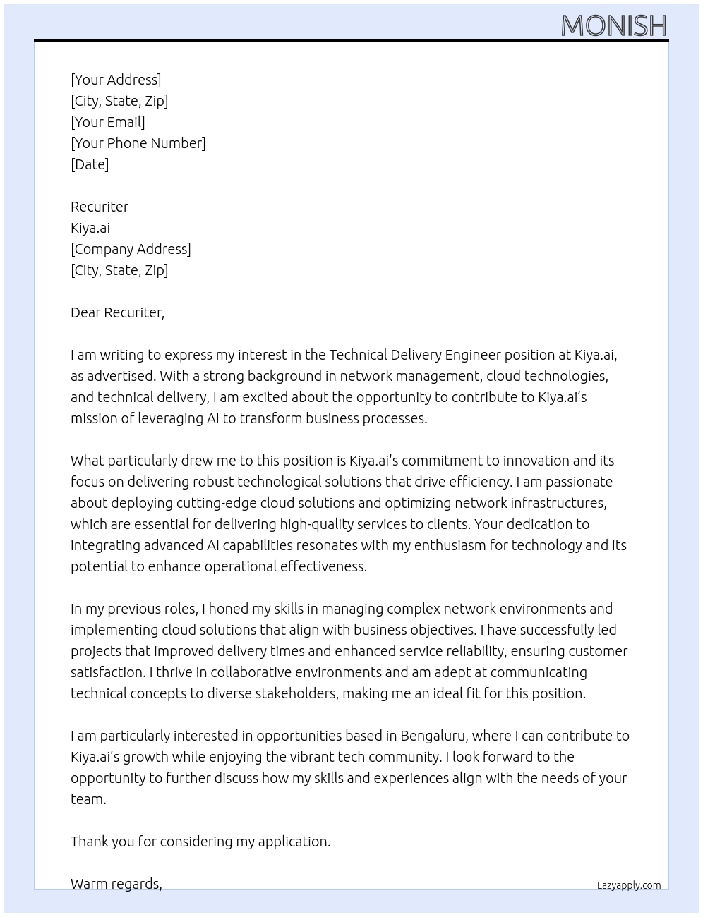 Cover letter for technical delivery engineer - LazyApply