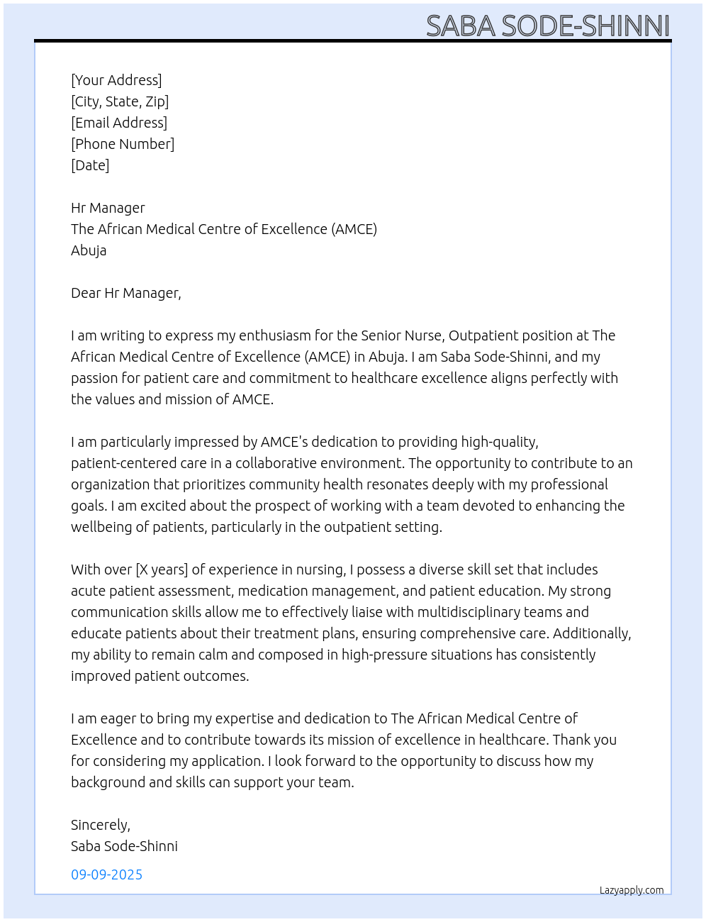 Cover letter for senior nurse, outpatient - LazyApply