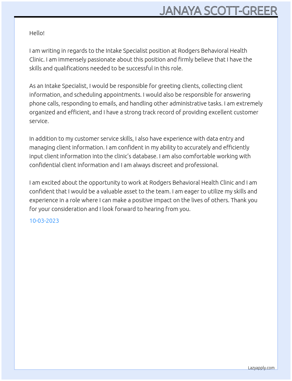 Cover letter for intake specialist - LazyApply