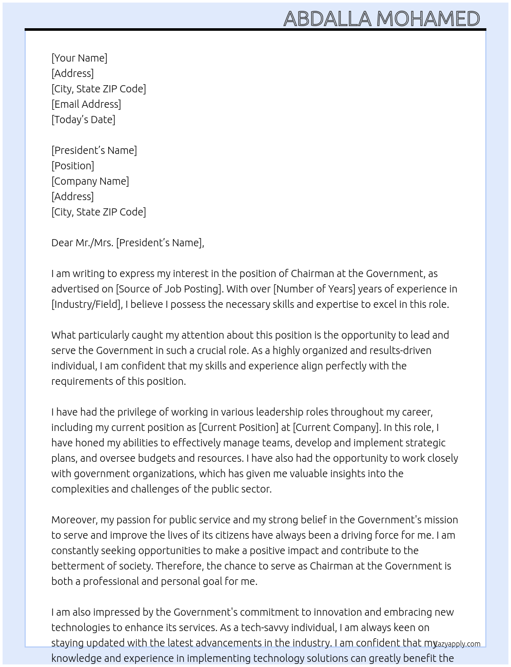 Cover letter for chairman - LazyApply