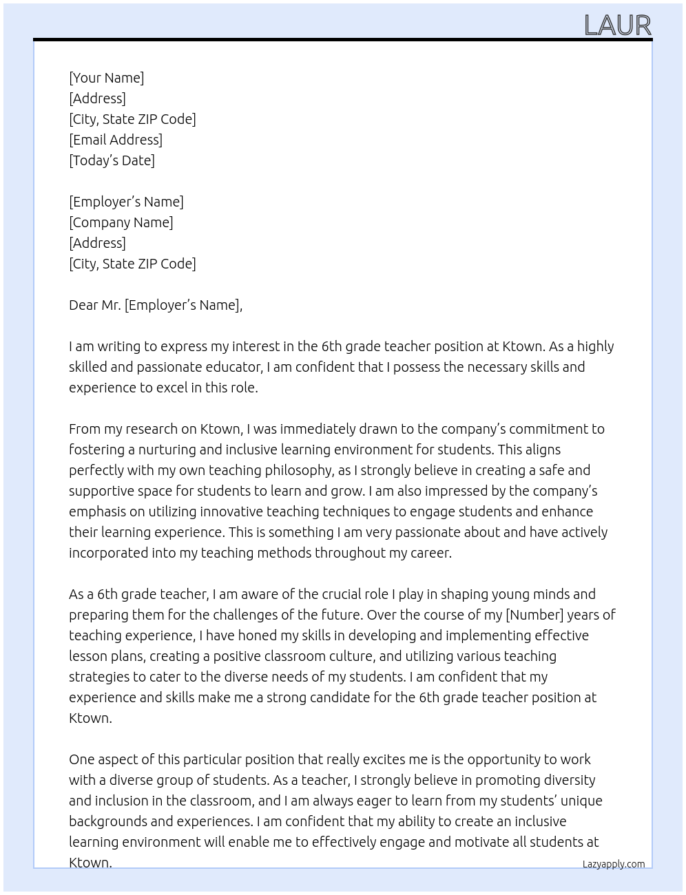 Cover letter for 6th grade teacher - LazyApply