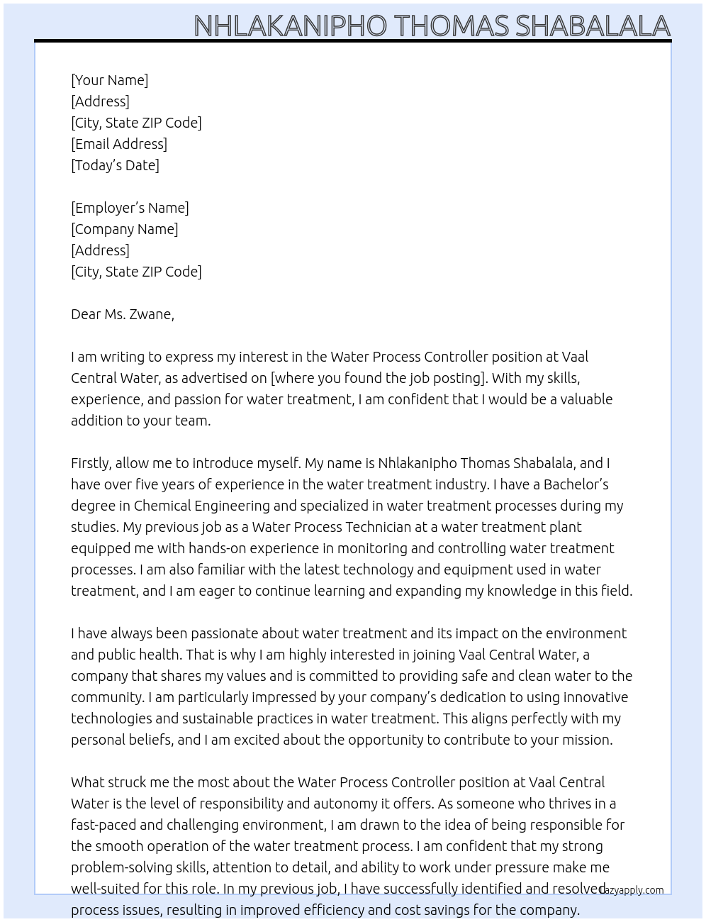 Cover letter for water process controller - LazyApply