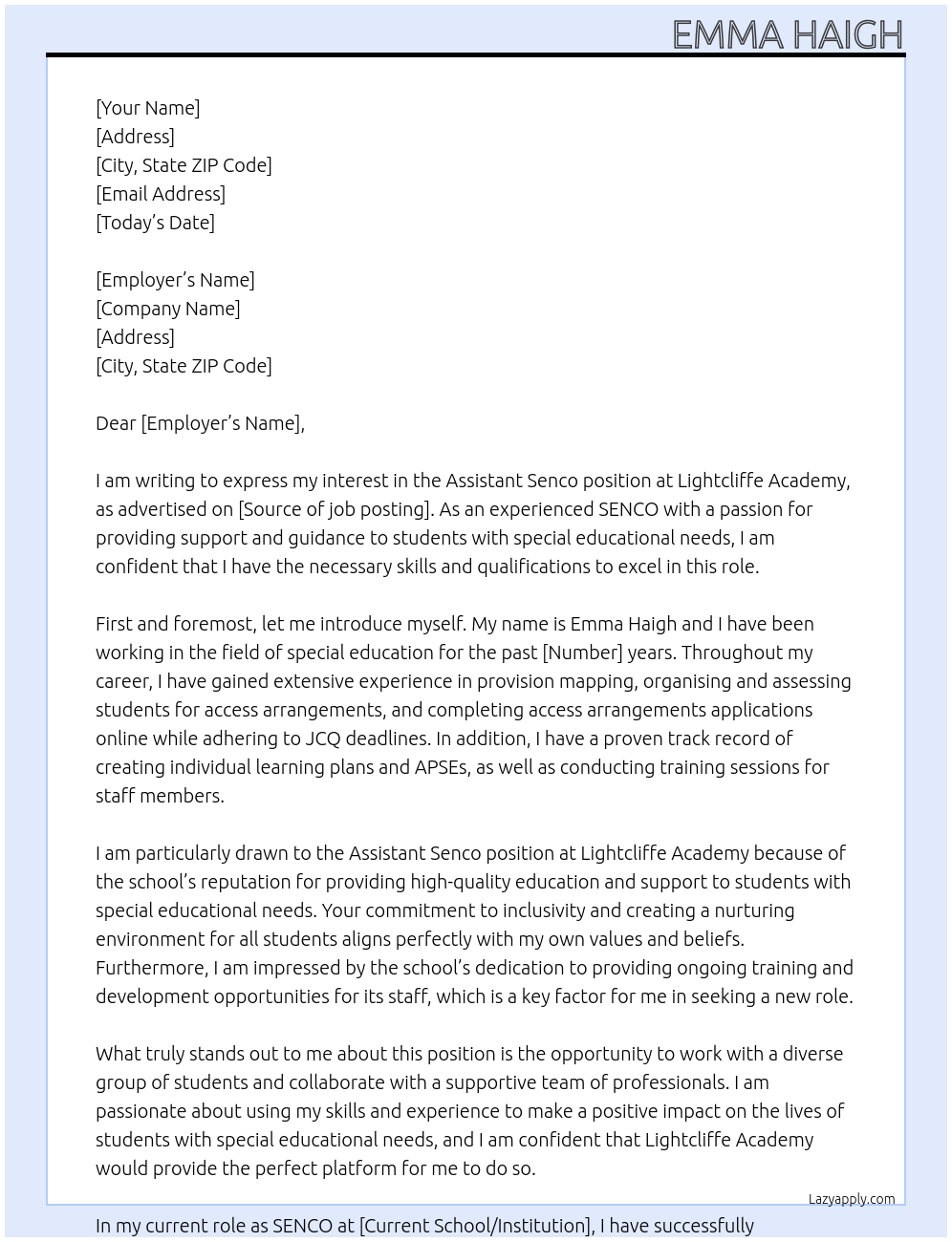 Cover letter for assistant senco - LazyApply