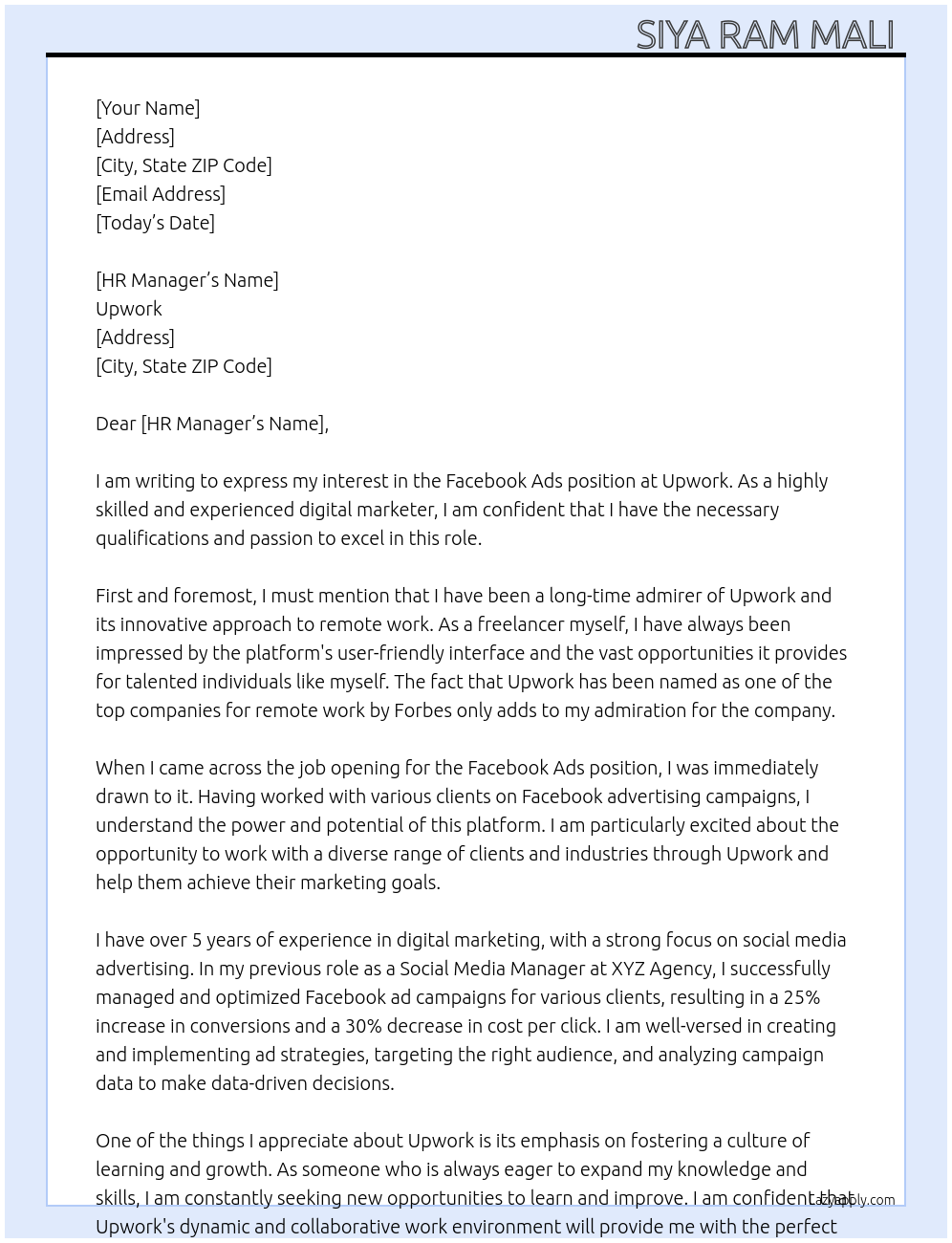 Cover letter for facebook ads - LazyApply