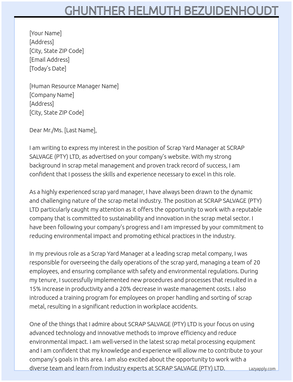 Cover letter for scrap yard manager - LazyApply