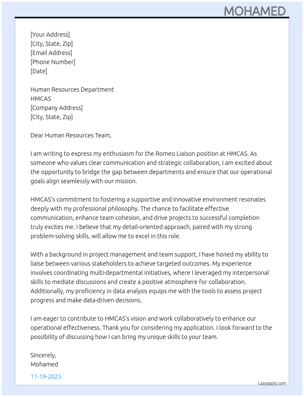 Cover letter for romeo liaison - LazyApply