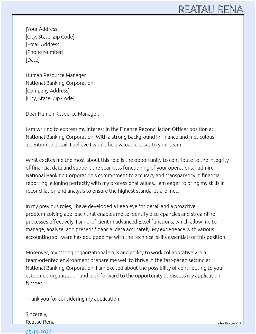 Cover letter for finance reconciliation officer - LazyApply