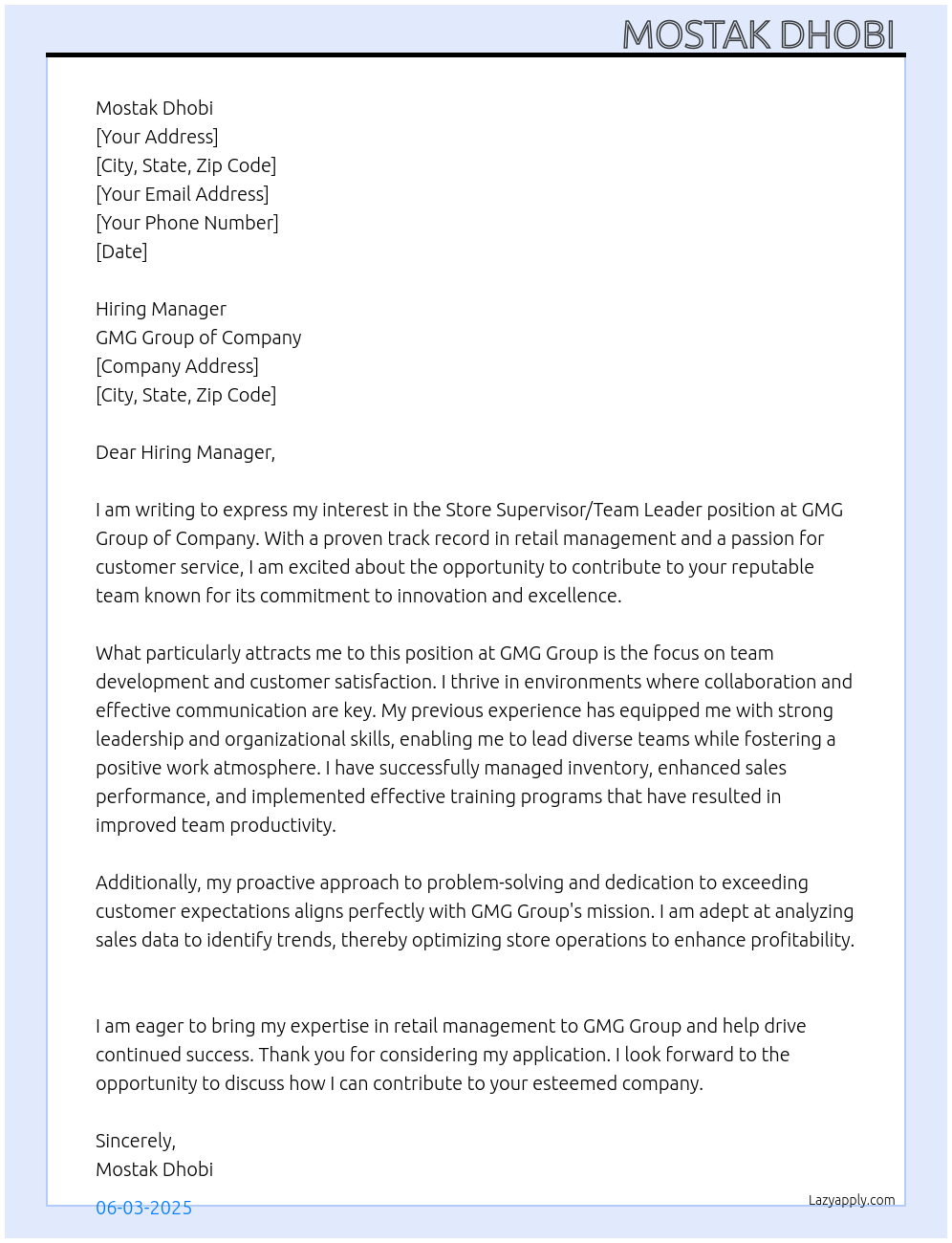 Cover letter for store supervisor /team leader - LazyApply