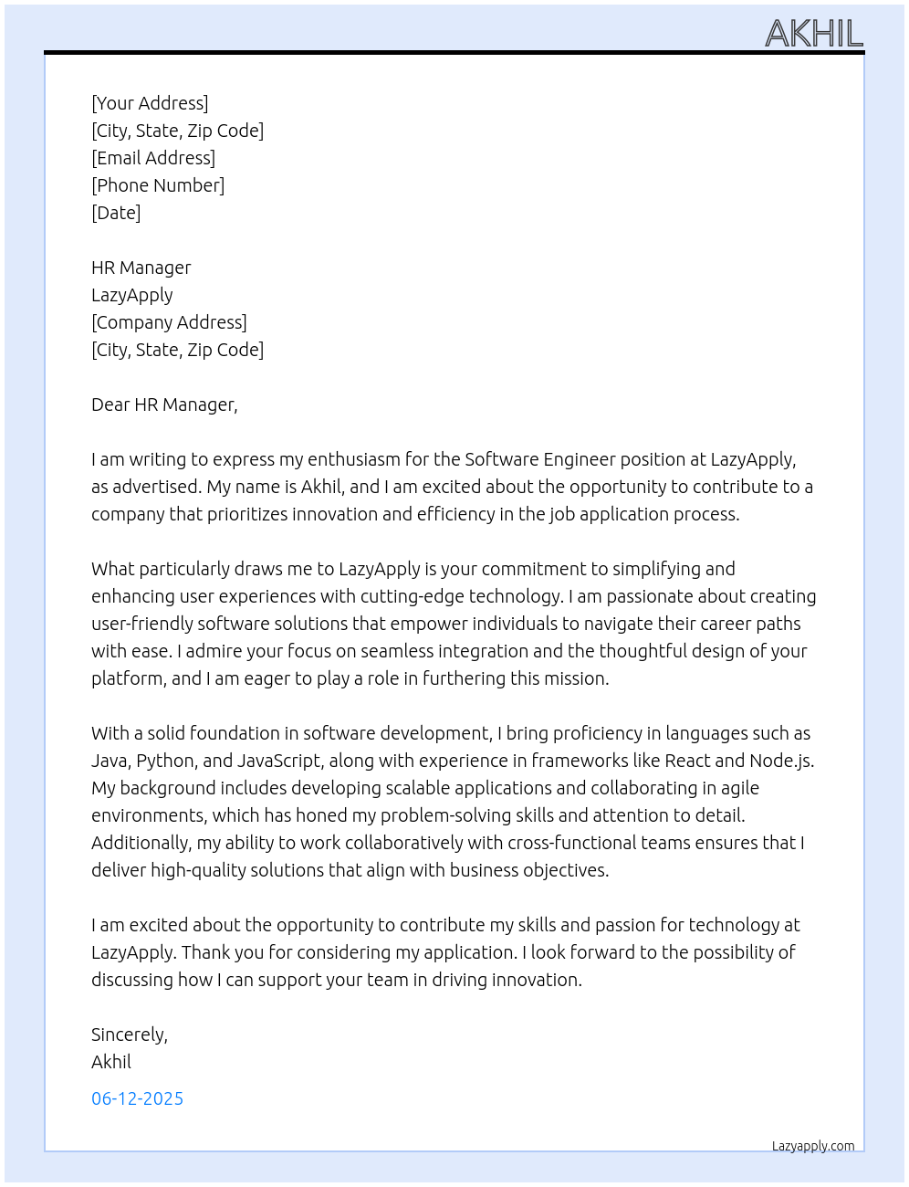 Cover letter for software engineer - LazyApply