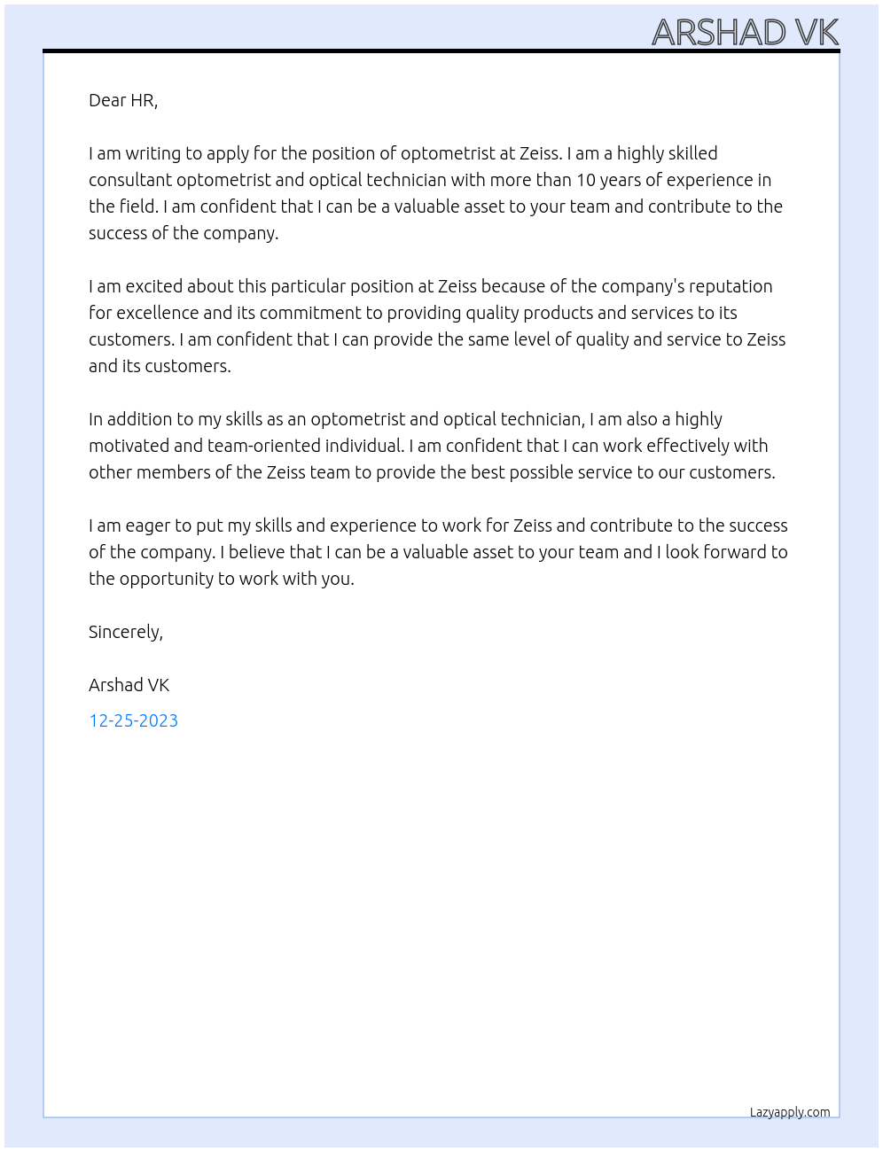 Cover letter for optometrist - LazyApply