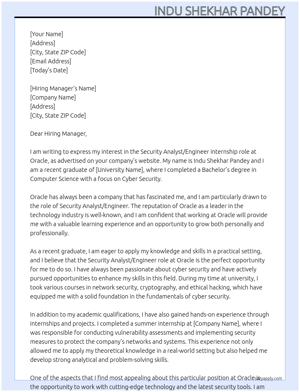 Cover letter for security analyst/engineer - LazyApply