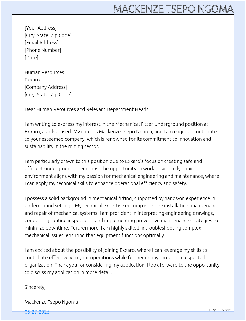 Cover letter for mechanical fitter underground - LazyApply