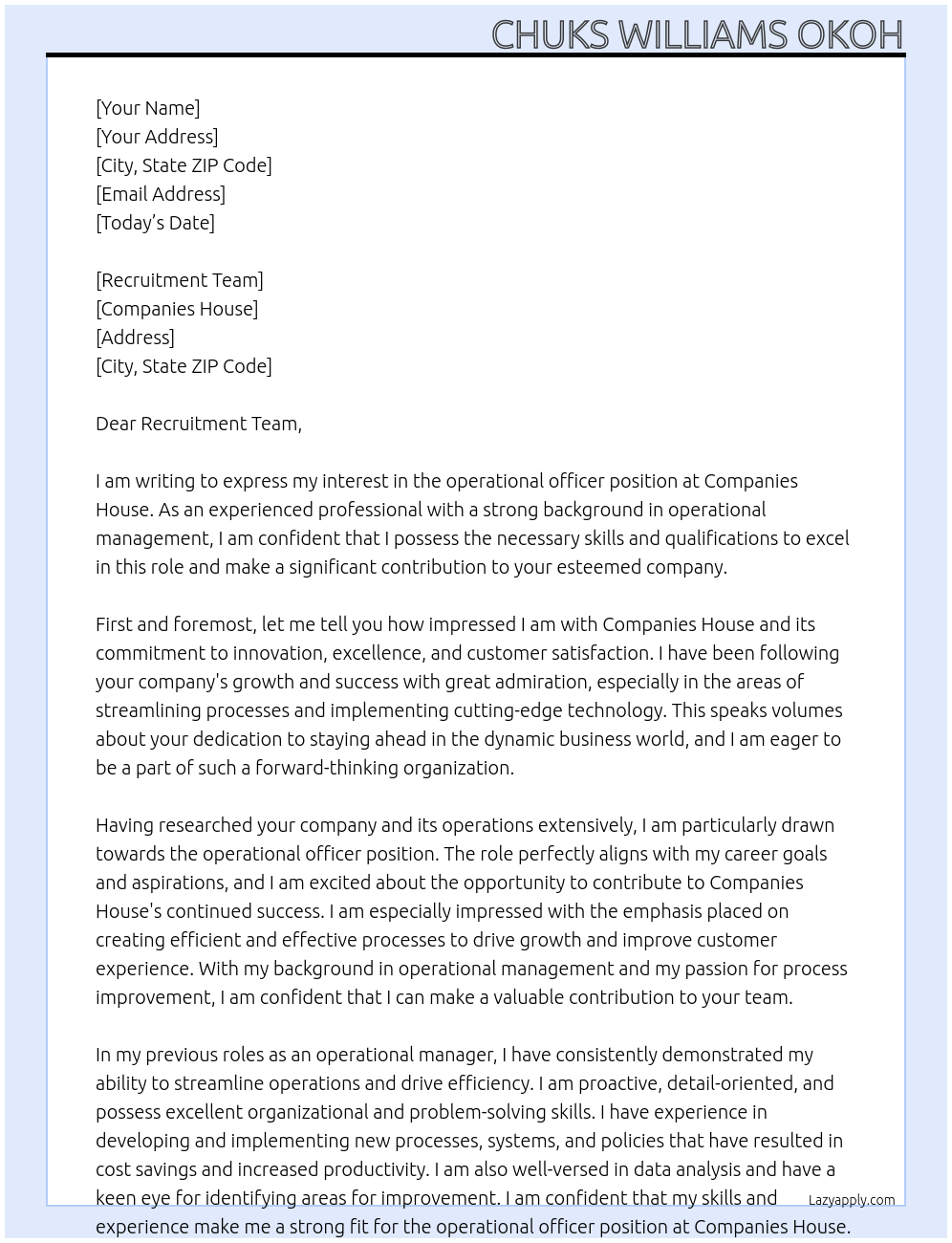 Cover letter for operational officer - LazyApply