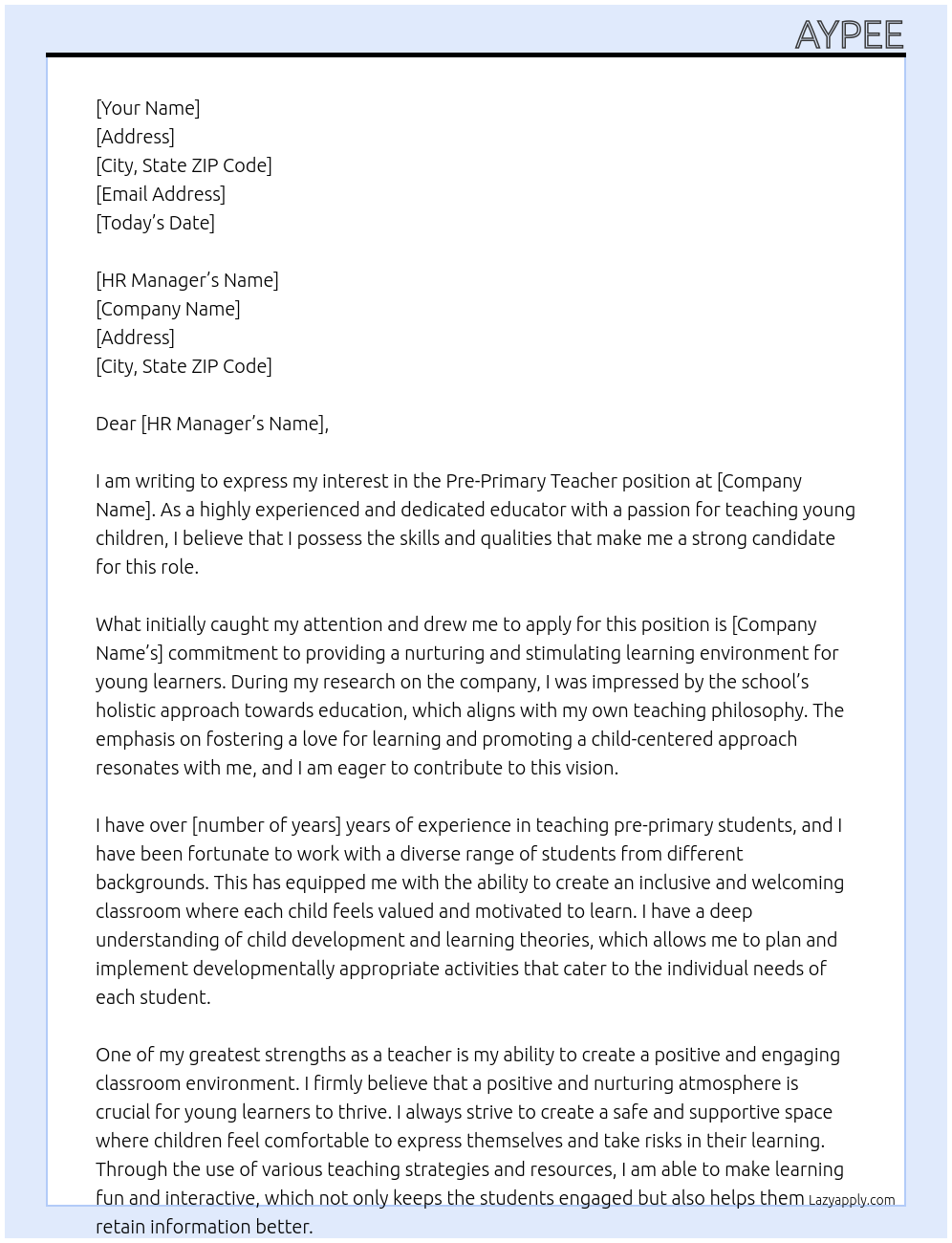 Cover letter for pre primary teacher - LazyApply