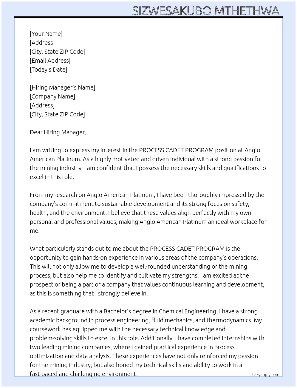 Cover letter for process cadet program - LazyApply