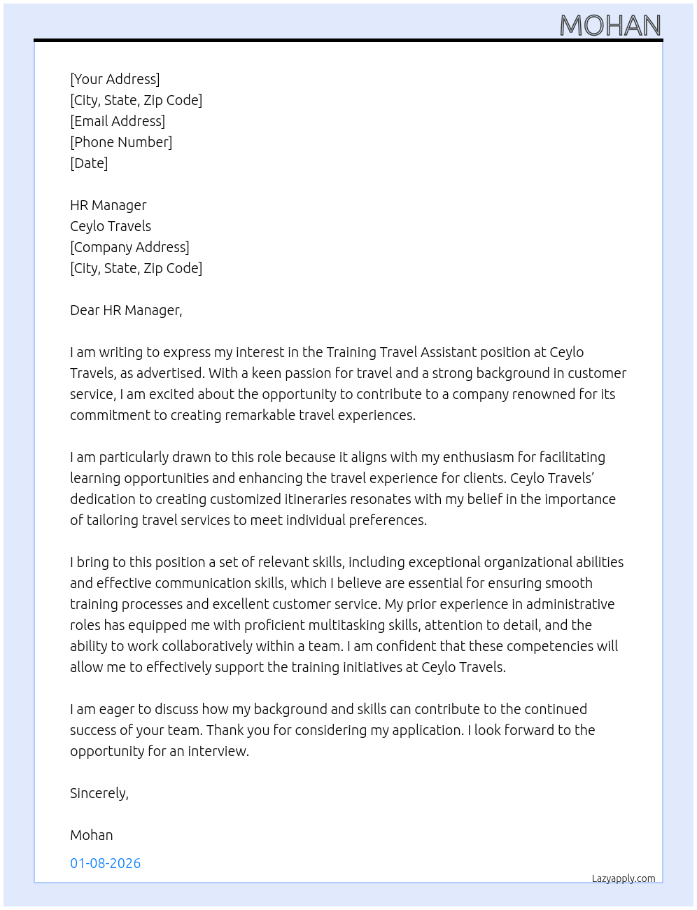 Cover letter for training travel assistant - LazyApply