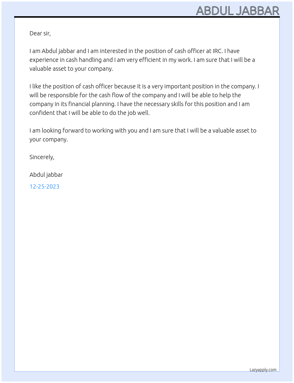 Cover letter for cash officer - LazyApply