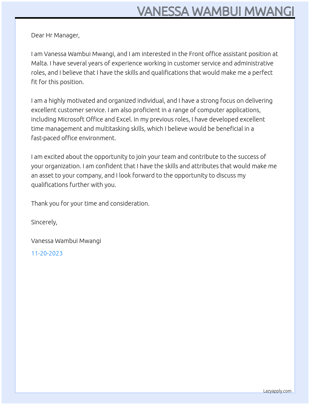 Cover letter for front office assistant - LazyApply