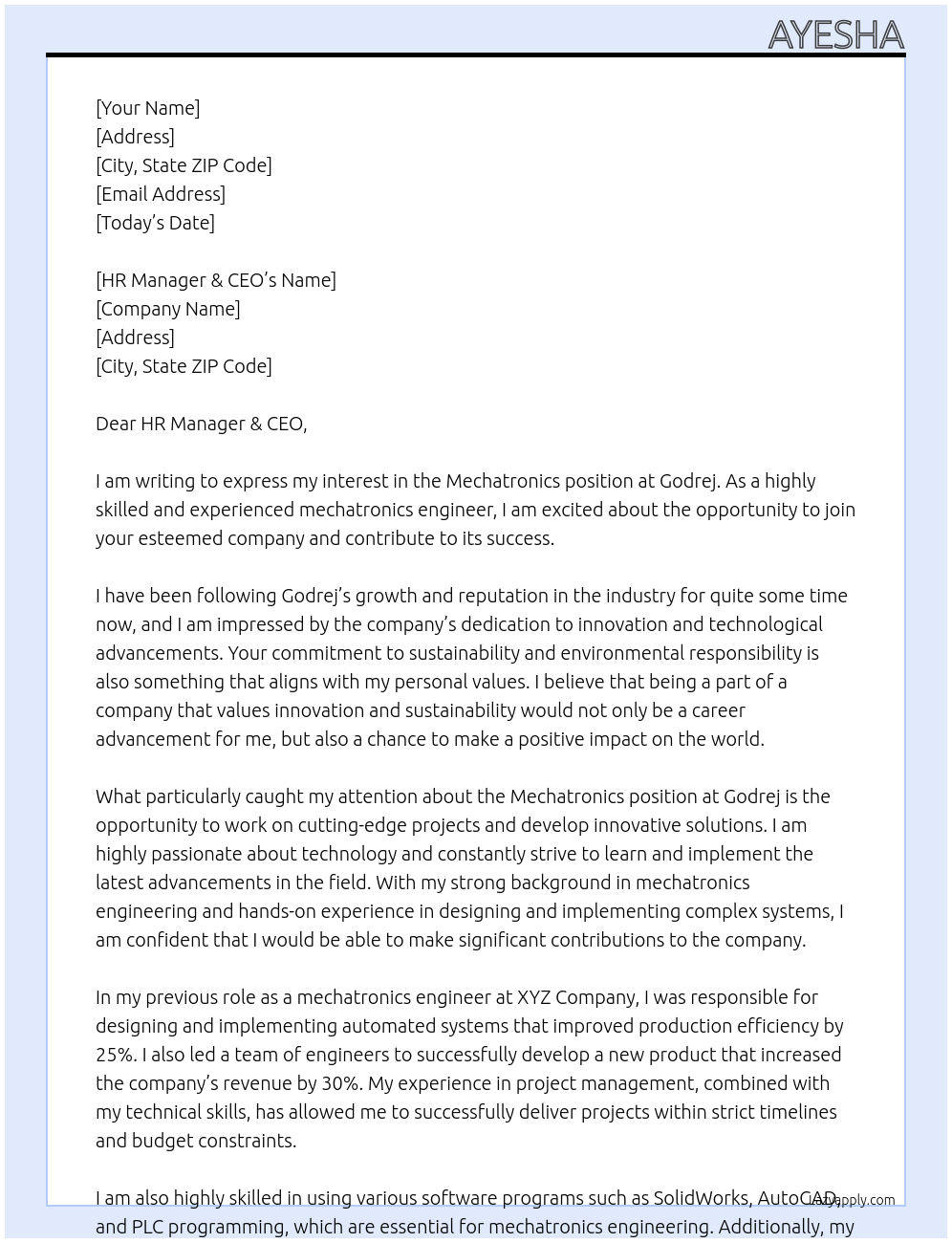 Cover letter for mechatronics - LazyApply