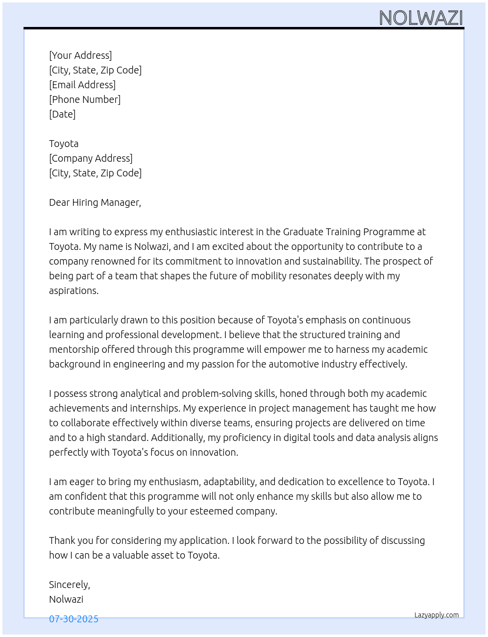 Cover letter for graduate training programme - LazyApply