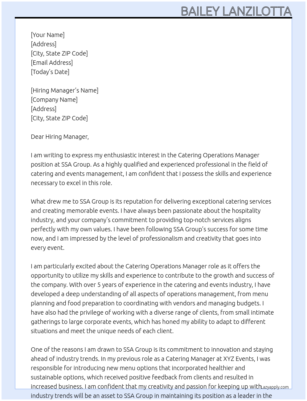 Cover letter for catering operations manager - LazyApply