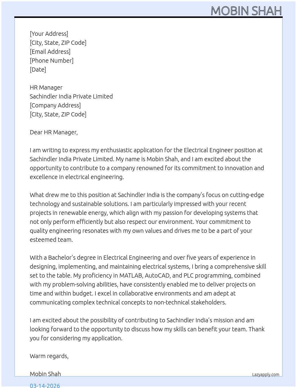 Cover letter for electrical engineers - LazyApply