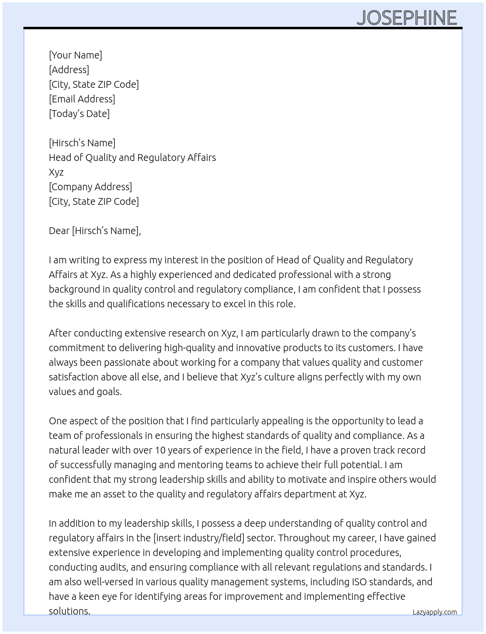 Cover letter for head of quality and regulatory affairs - LazyApply
