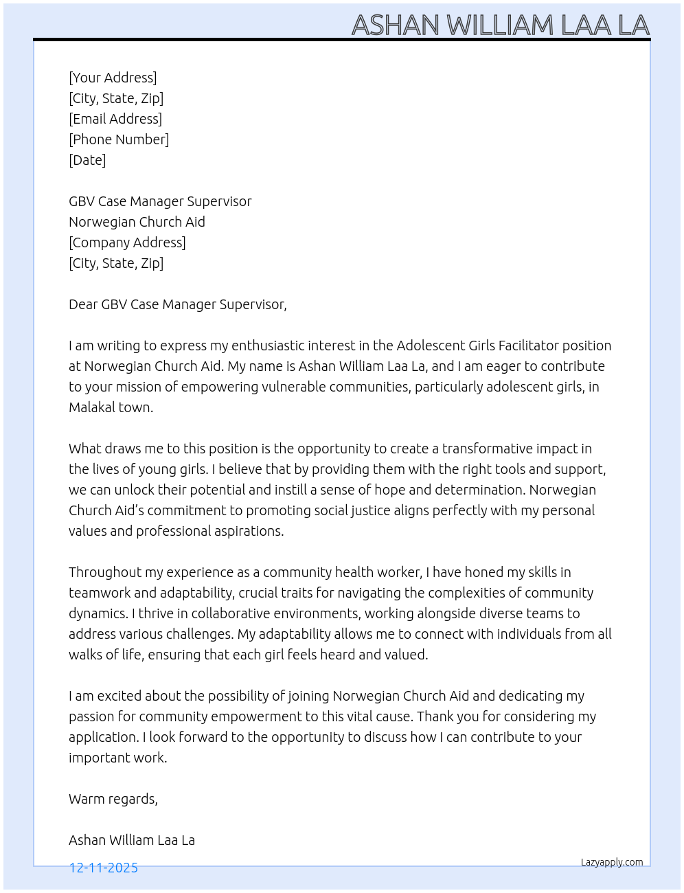 Cover letter for adolescent girls facilitator - LazyApply