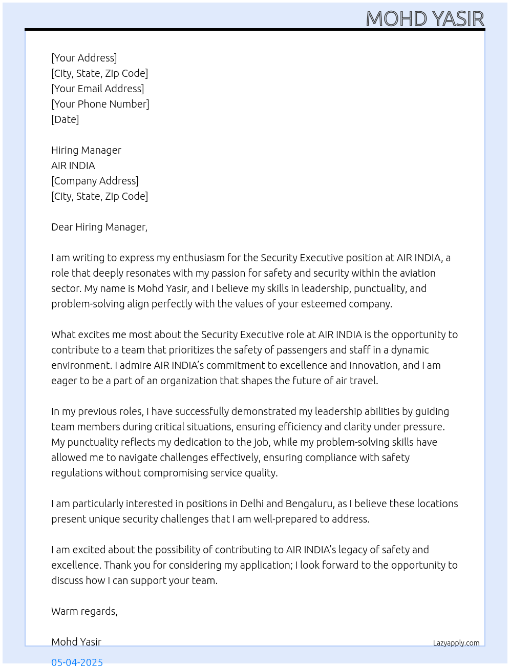 Cover letter for security executive - LazyApply