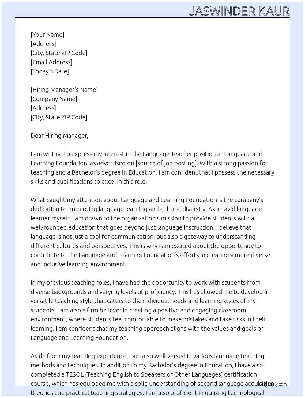Cover letter for language teacher - LazyApply