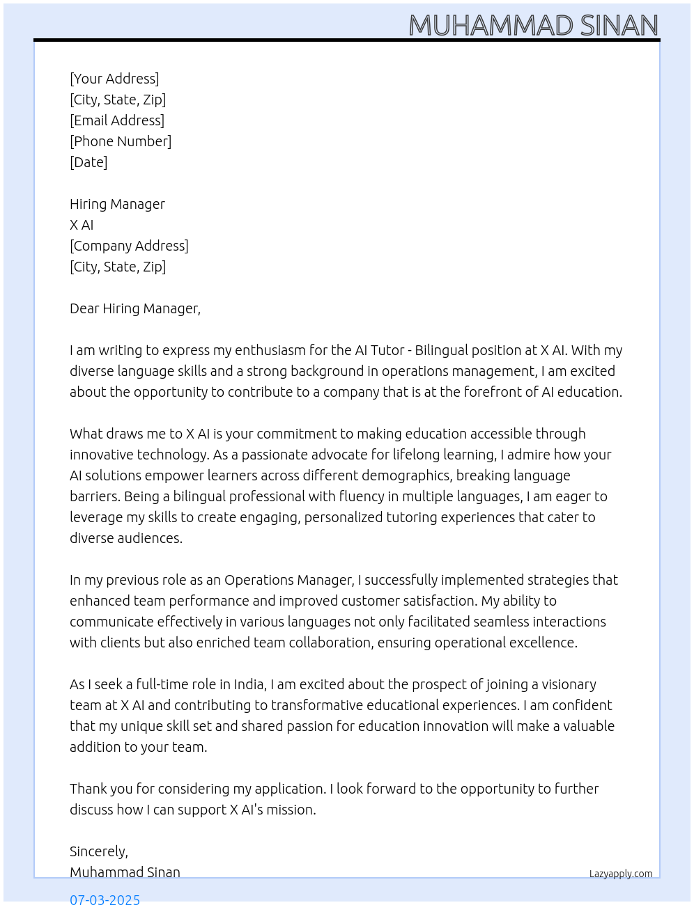 Cover letter for ai tutor- bilingual - LazyApply
