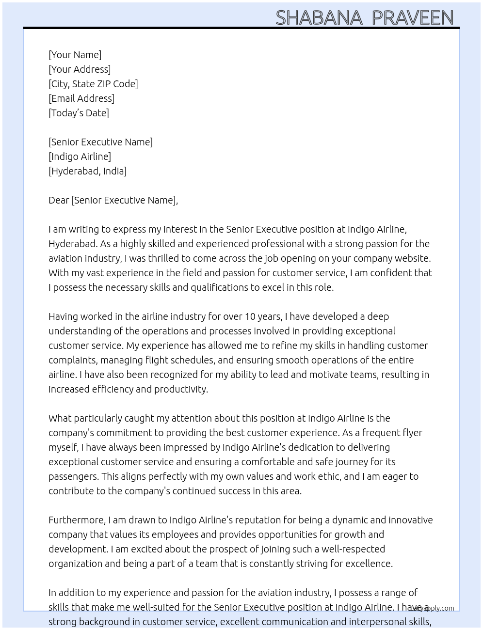 Cover letter for indigo airline job - LazyApply