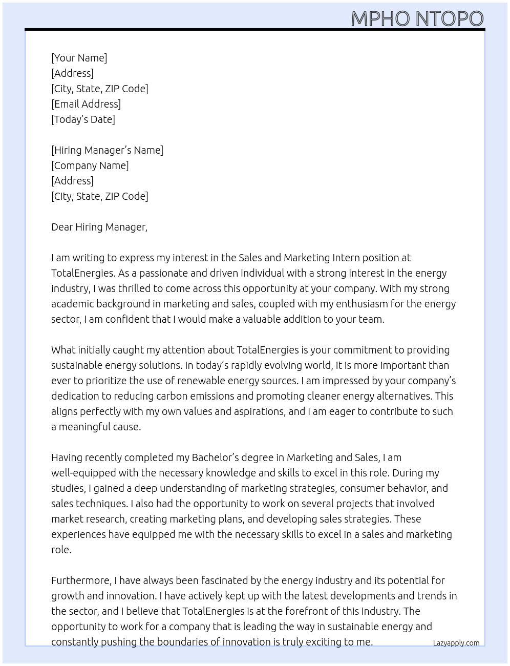 Cover letter for sales and marketing intern - LazyApply