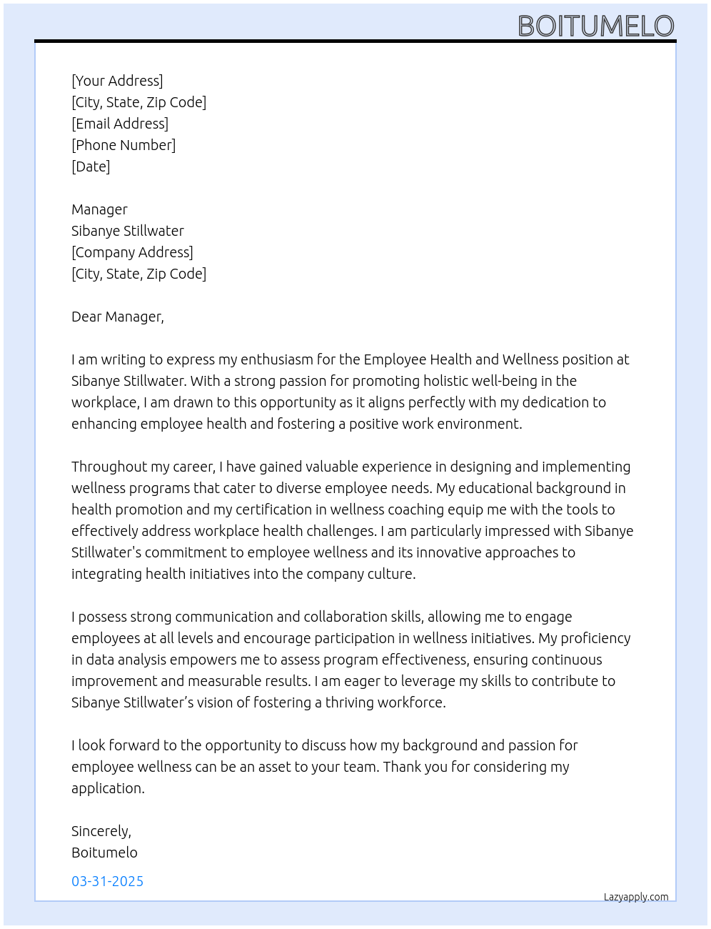 Cover letter for employee health and wellness - LazyApply