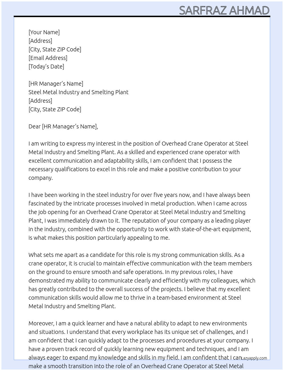 Cover letter for overhead crane operator - LazyApply
