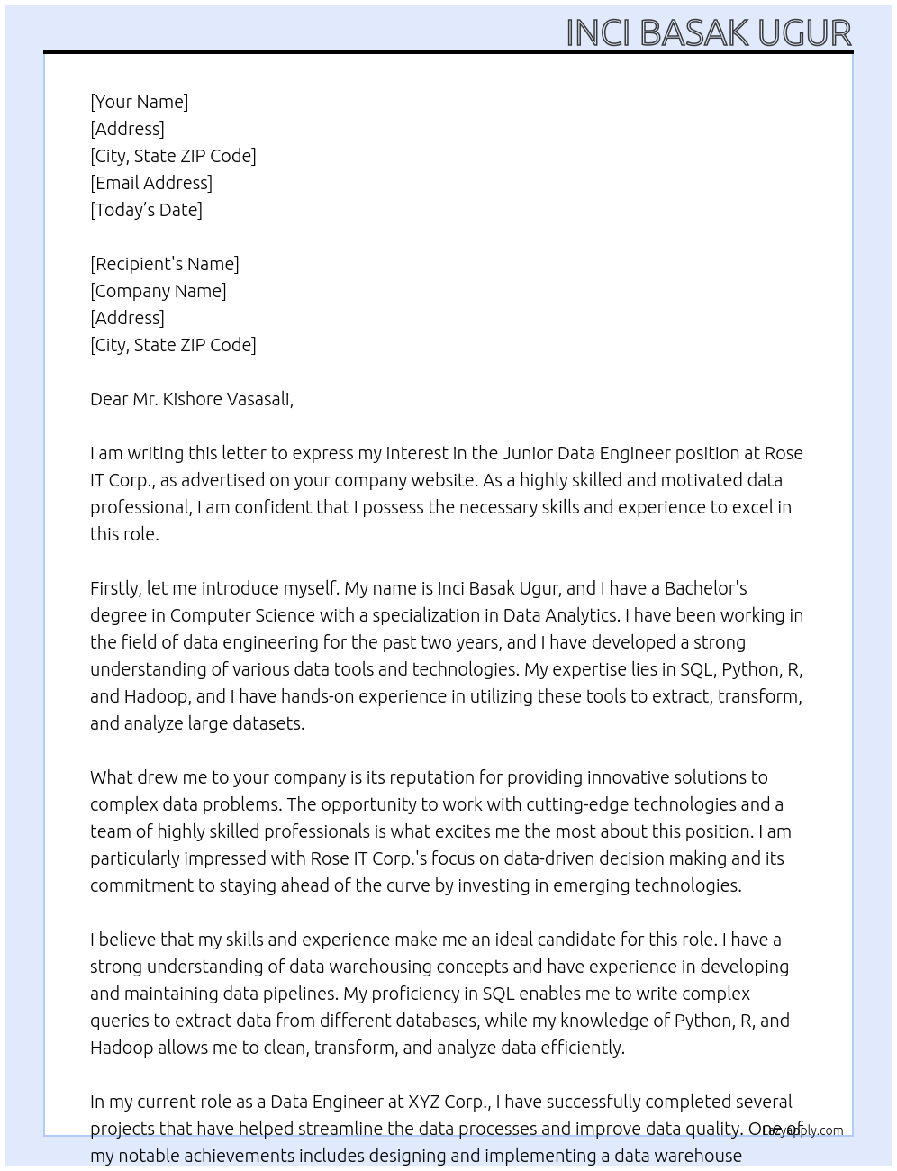 Cover letter for junior data engineer - LazyApply