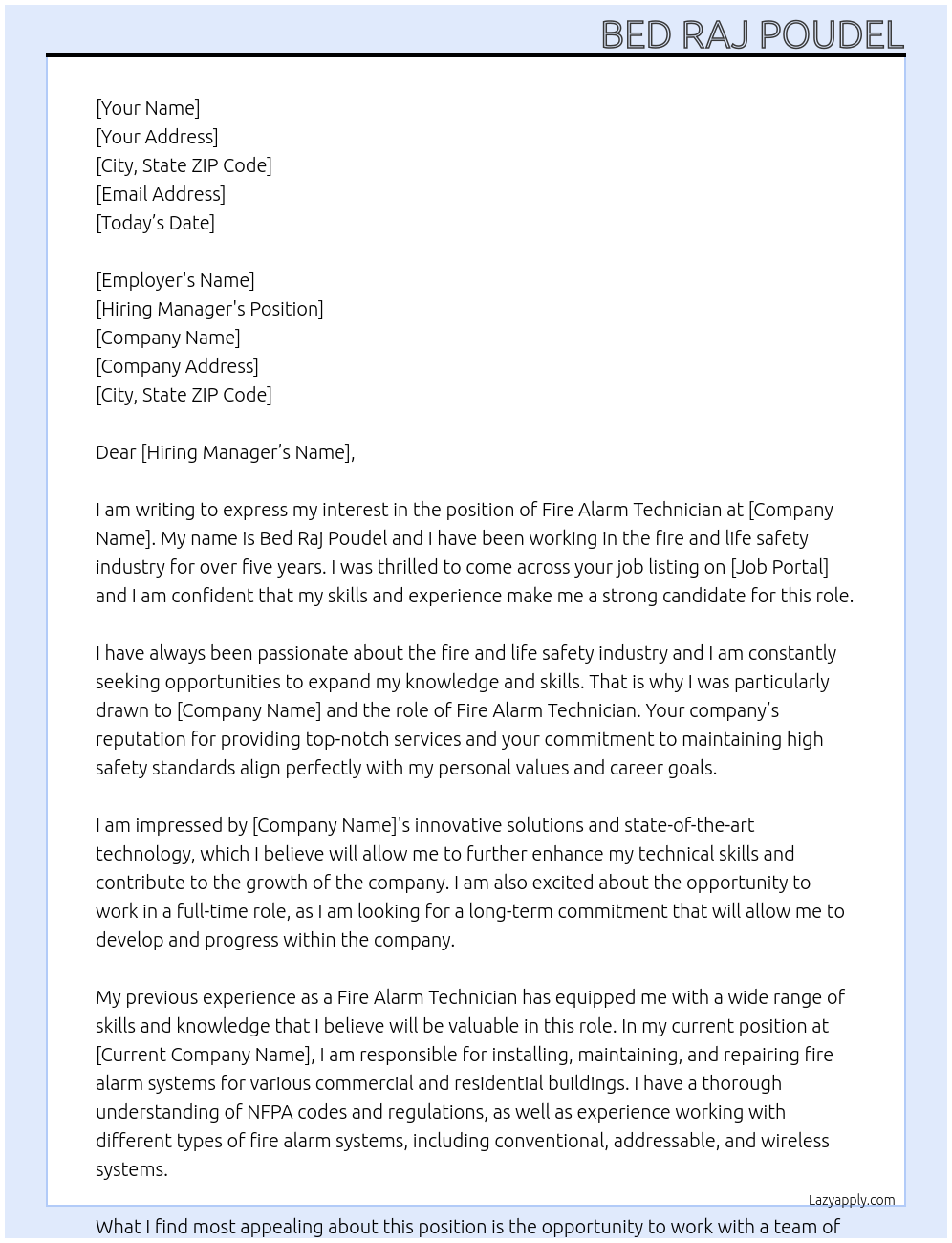 Cover letter for fire alarm technician - LazyApply