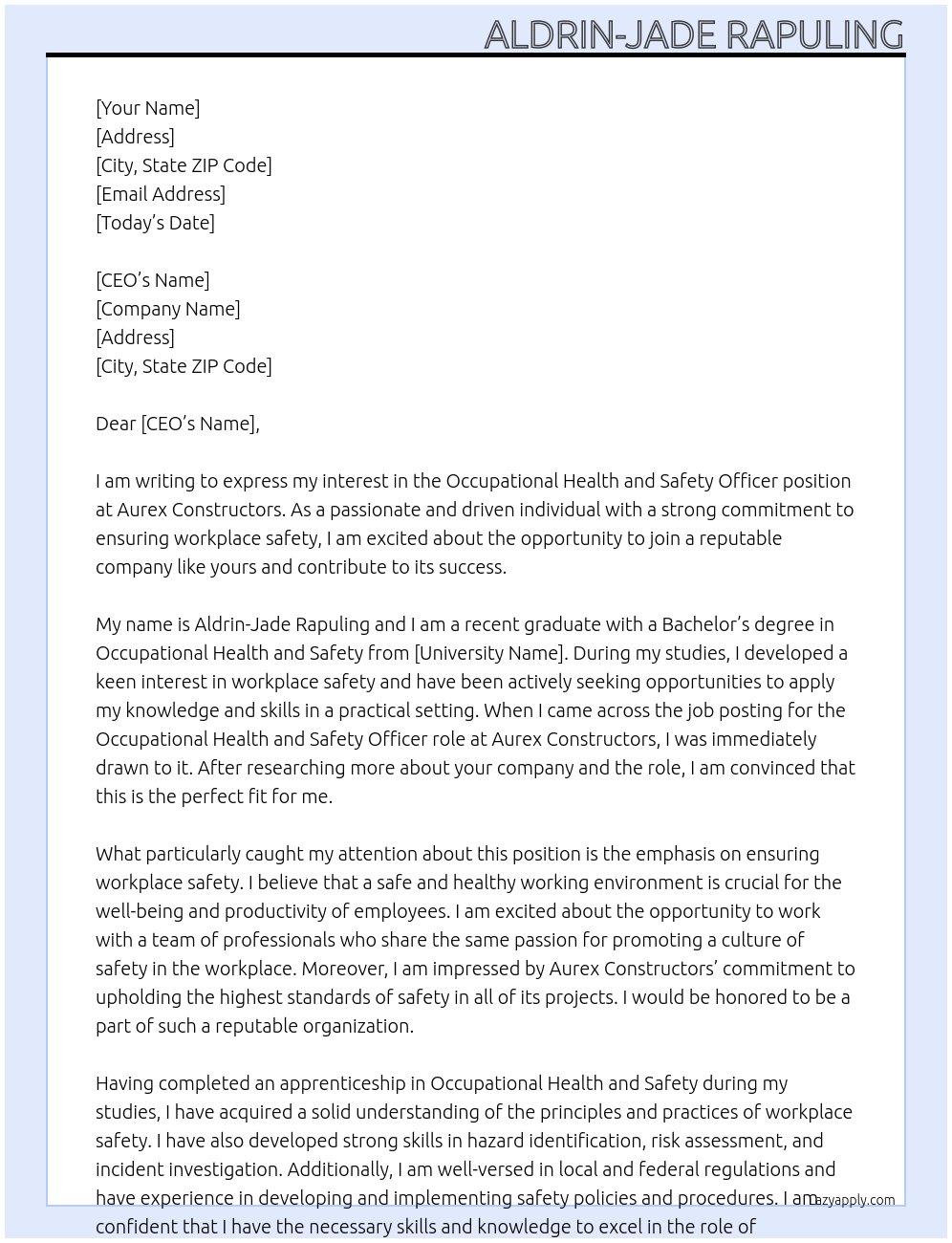 Cover letter for occupational health and safety officer - LazyApply