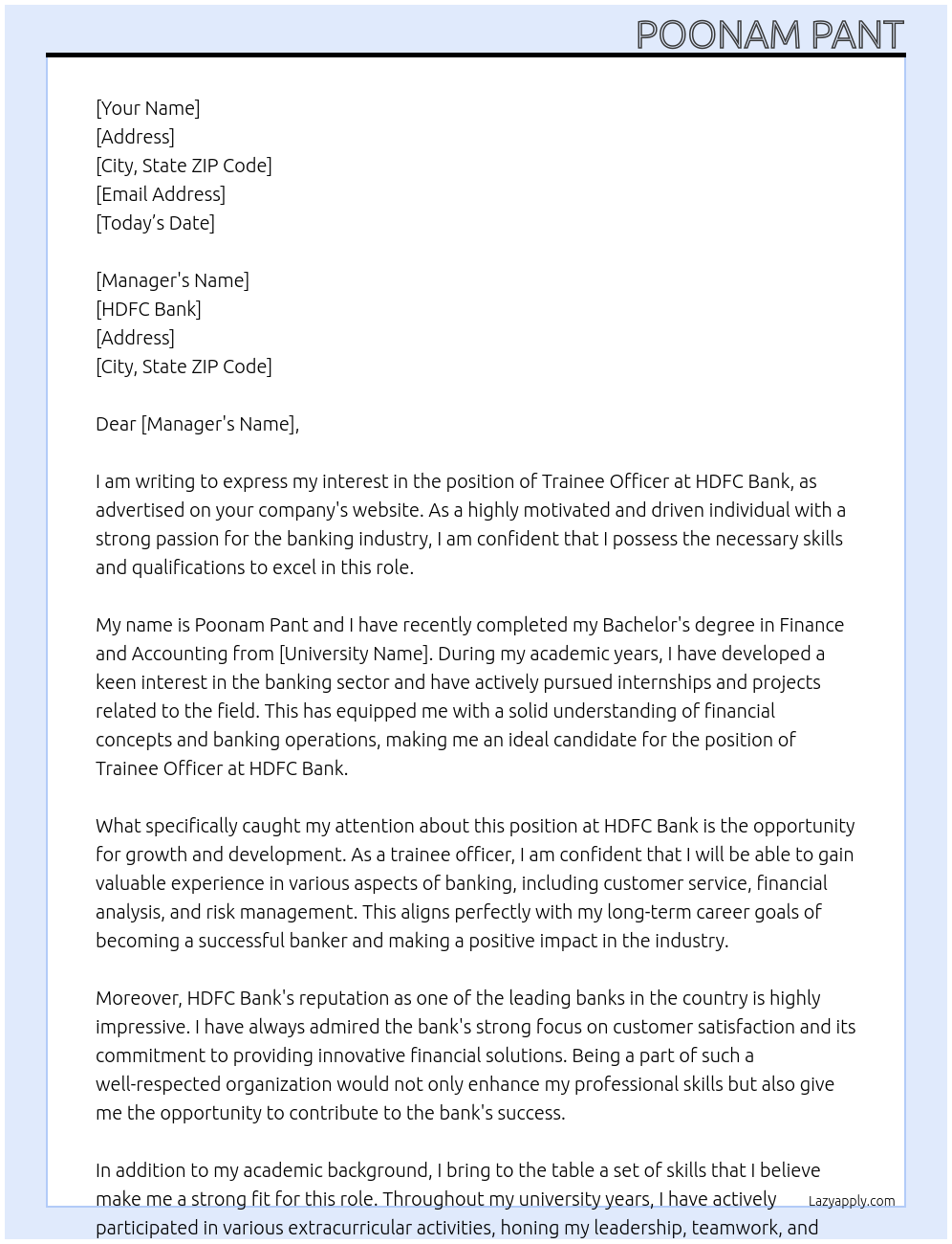 Cover letter for trainee officer - LazyApply