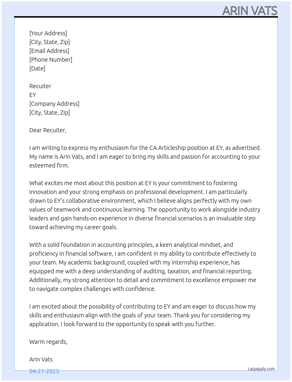 Cover letter for ca articleship - LazyApply