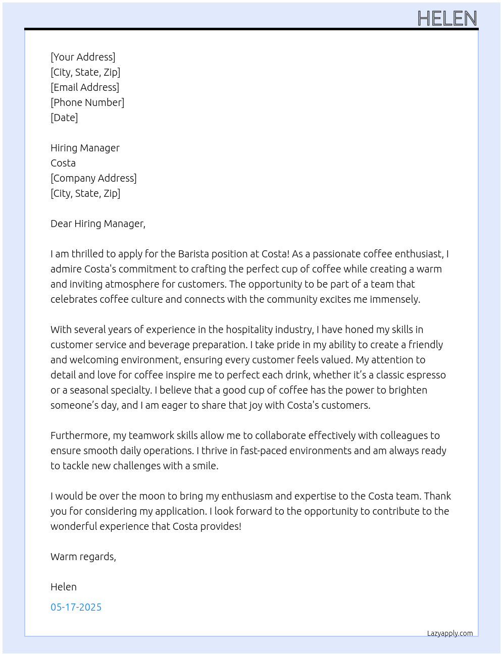 Cover letter for barista - LazyApply