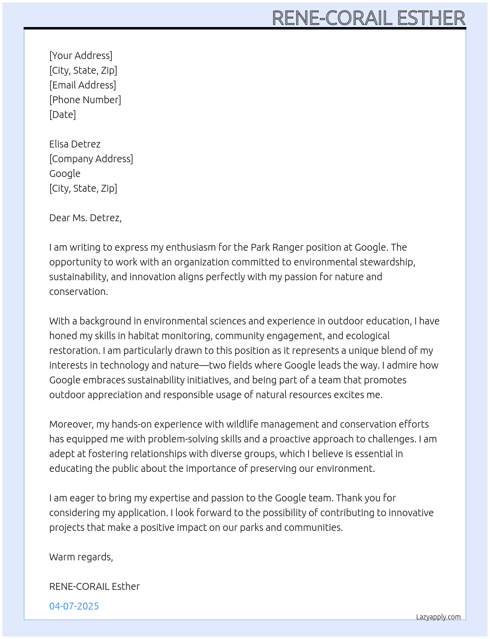 Cover letter for park ranger - LazyApply