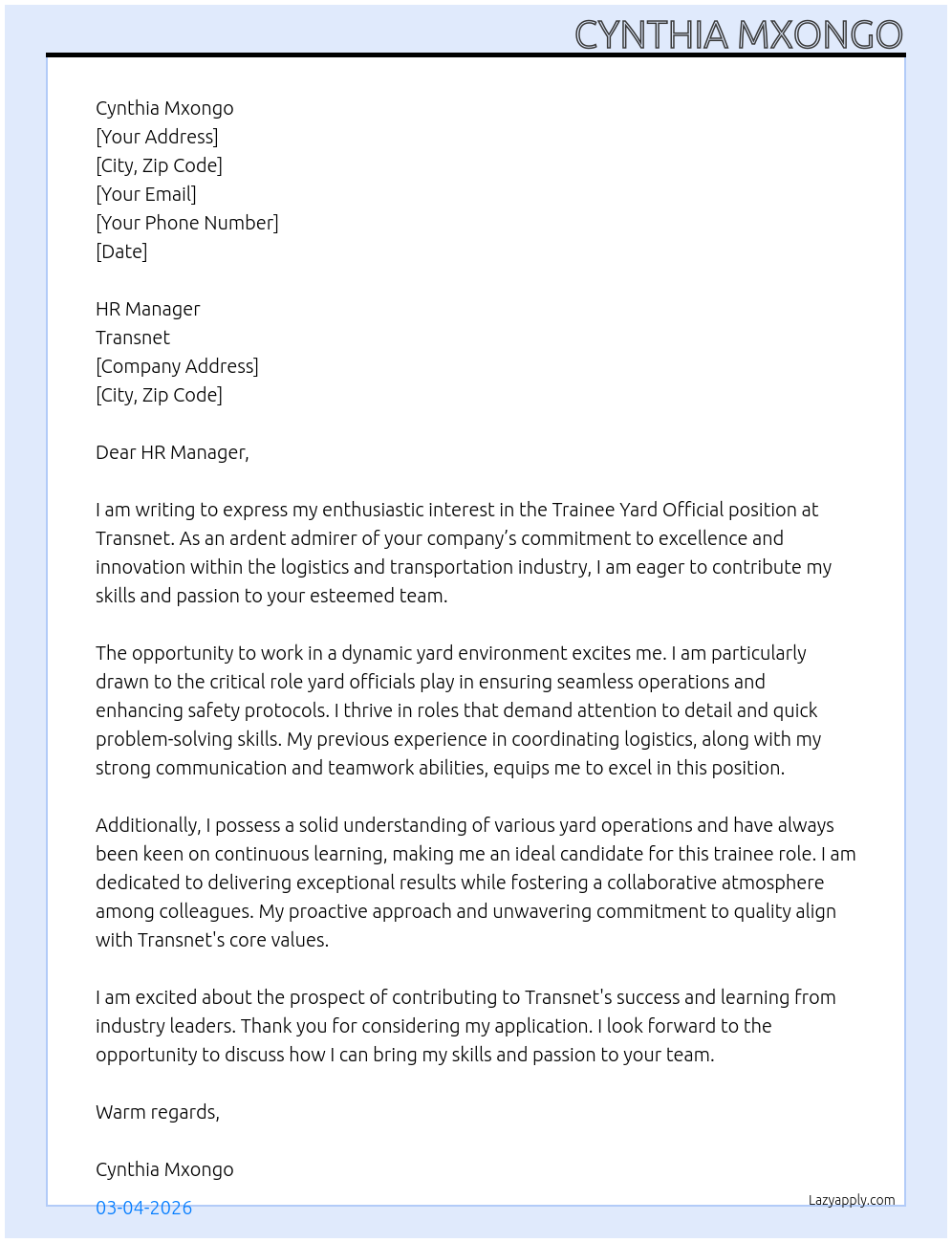 Cover letter for trainee yard official - LazyApply
