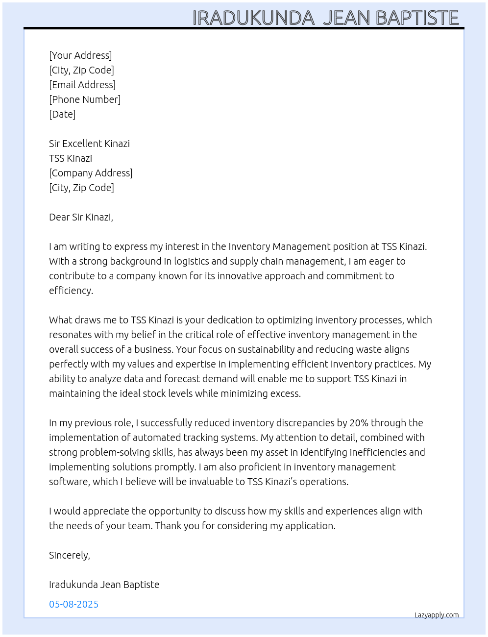 Cover letter for inventory management - LazyApply