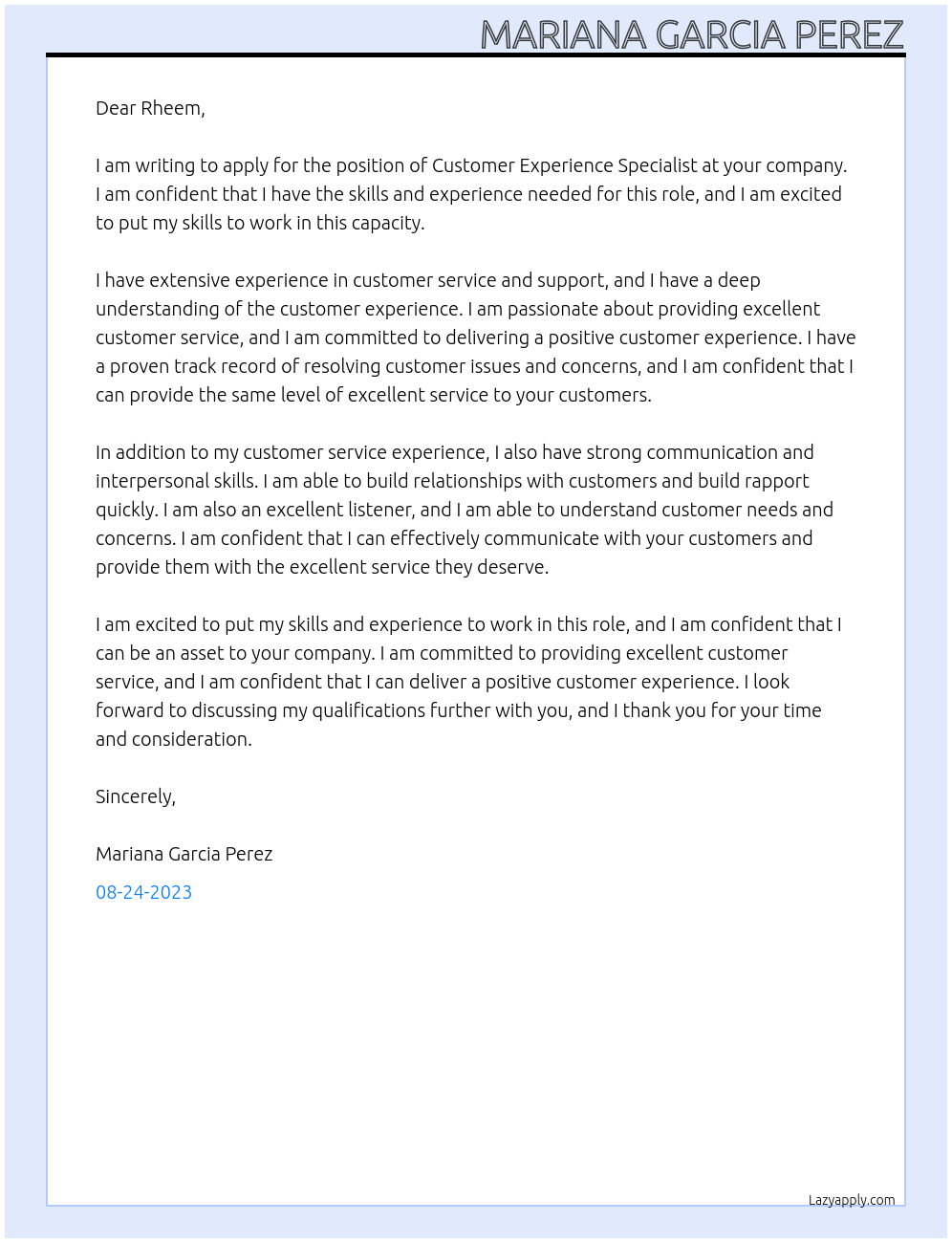 Cover letter for customer experience specialist - LazyApply
